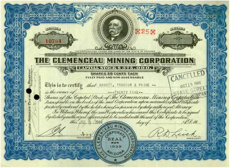Acción minera de la Clemenceau Mining Corporation, Verde district ...